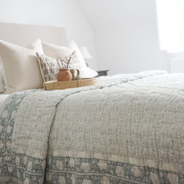 Block Print Cotton Quilt Reversible - Pale Blue – House Of Neutrals